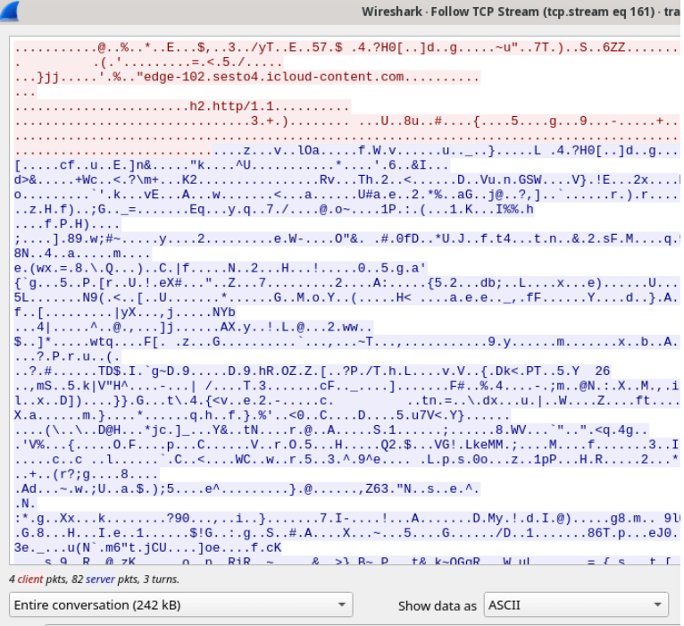 Wireshark was used to sniff TCP communication from edge-102.sesto4.icloud-content.com. Only the ...